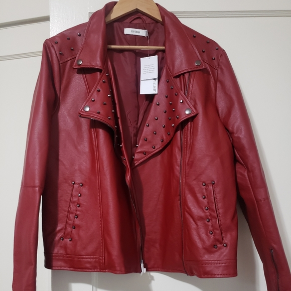 JustFab | Jackets & Coats | Just Fab Red Faux Leather Biker Jacket ...